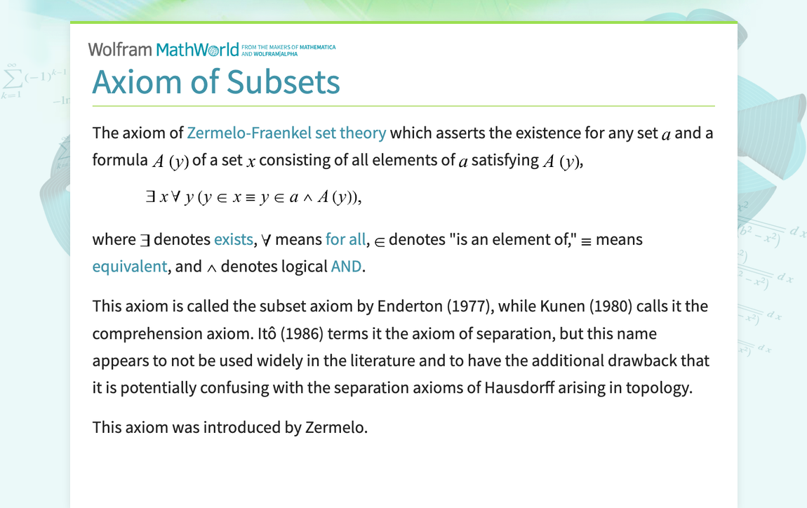 Axiom of Subsets -- from Wolfram MathWorld