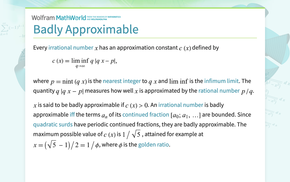 Badly Approximable From Wolfram Mathworld