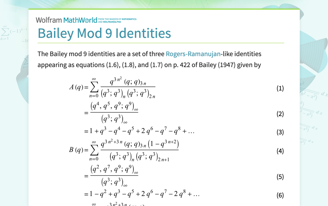Bailey Mod 9 Identities -- from Wolfram MathWorld