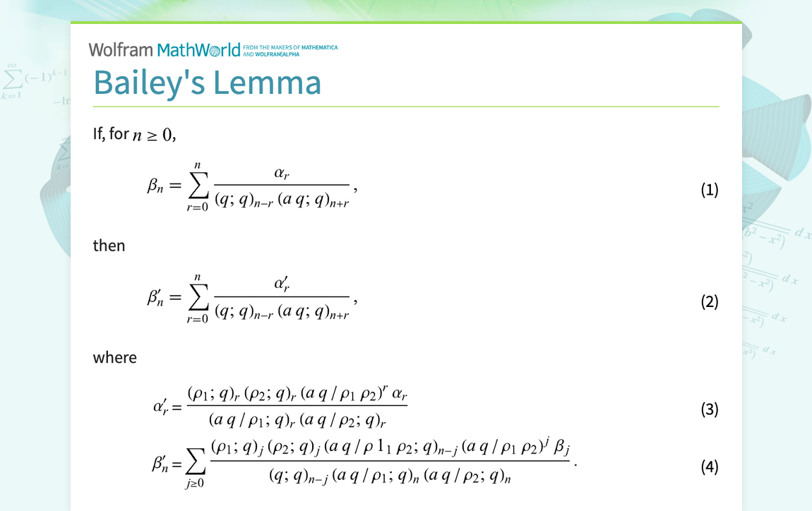 Bailey's Lemma -- from Wolfram MathWorld