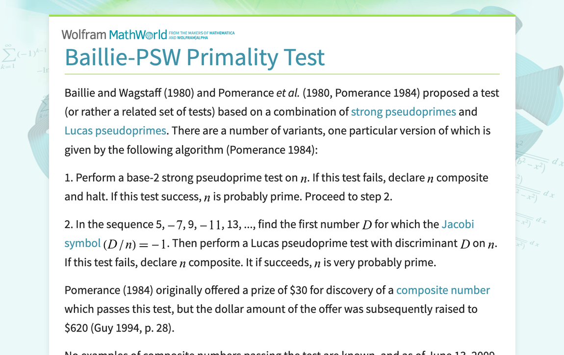 Baillie-PSW Primality Test -- from Wolfram MathWorld