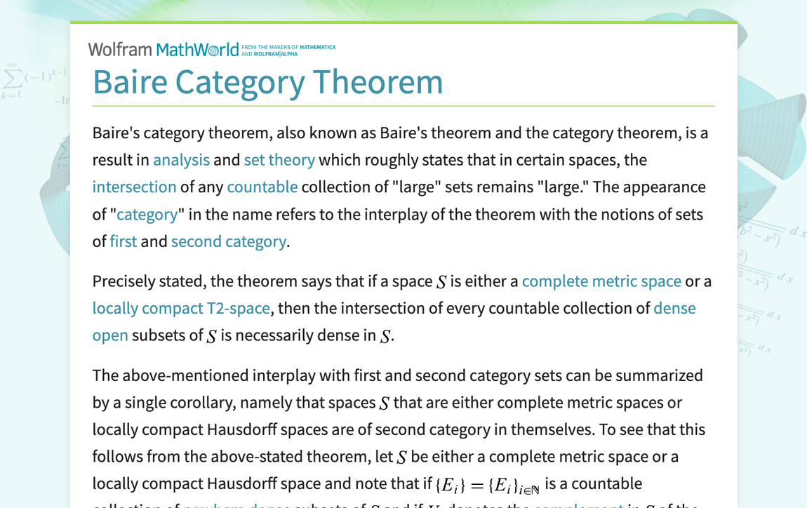 Baire Category Theorem -- from Wolfram MathWorld