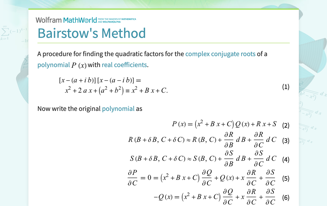 Bairstow's Method -- from Wolfram MathWorld
