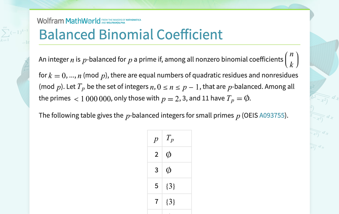 Balanced Binomial Coefficient -- from Wolfram MathWorld Balanced Binomial Coefficient -- from Wolfram MathWorld