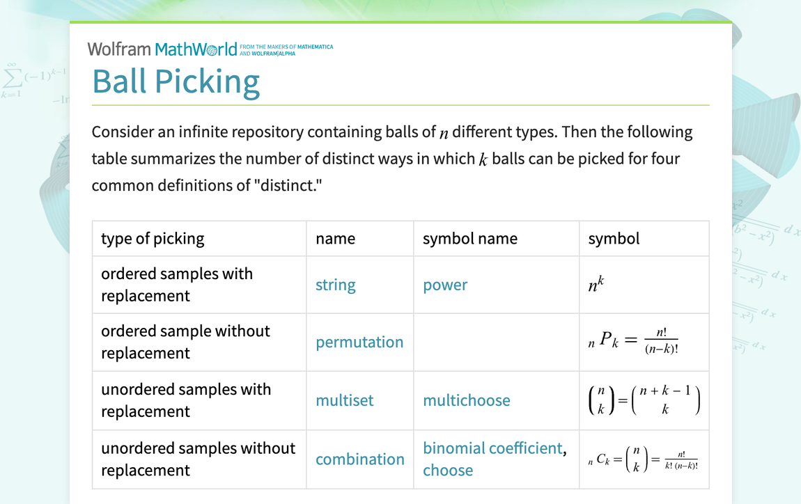 Ball Picking -- from Wolfram MathWorld