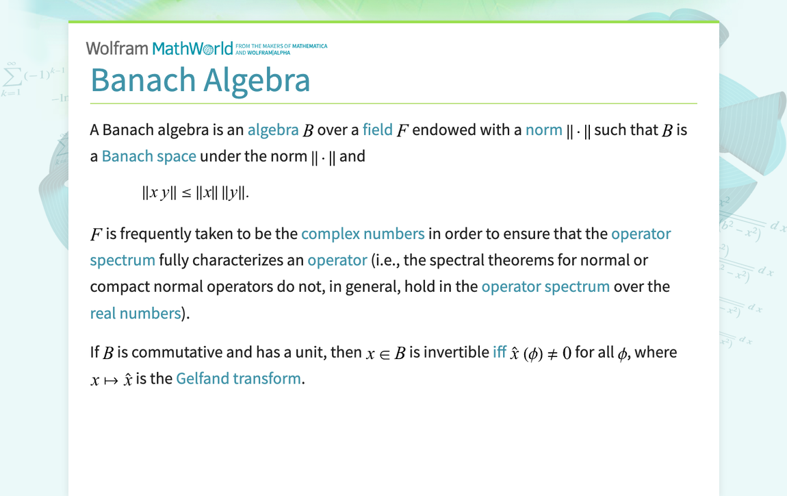 Banach Algebra -- from Wolfram MathWorld
