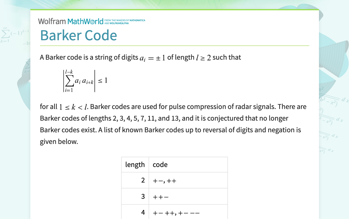 Barker Code From Wolfram Mathworld