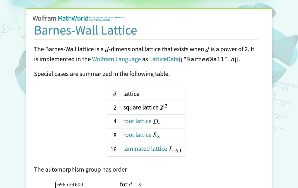 Barnes-Wall Lattice -- from Wolfram MathWorld
