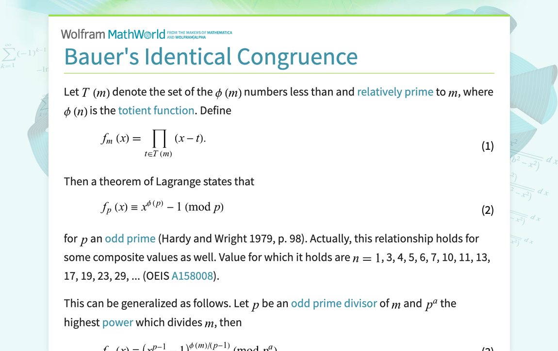 Bauer's Identical Congruence -- from Wolfram MathWorld