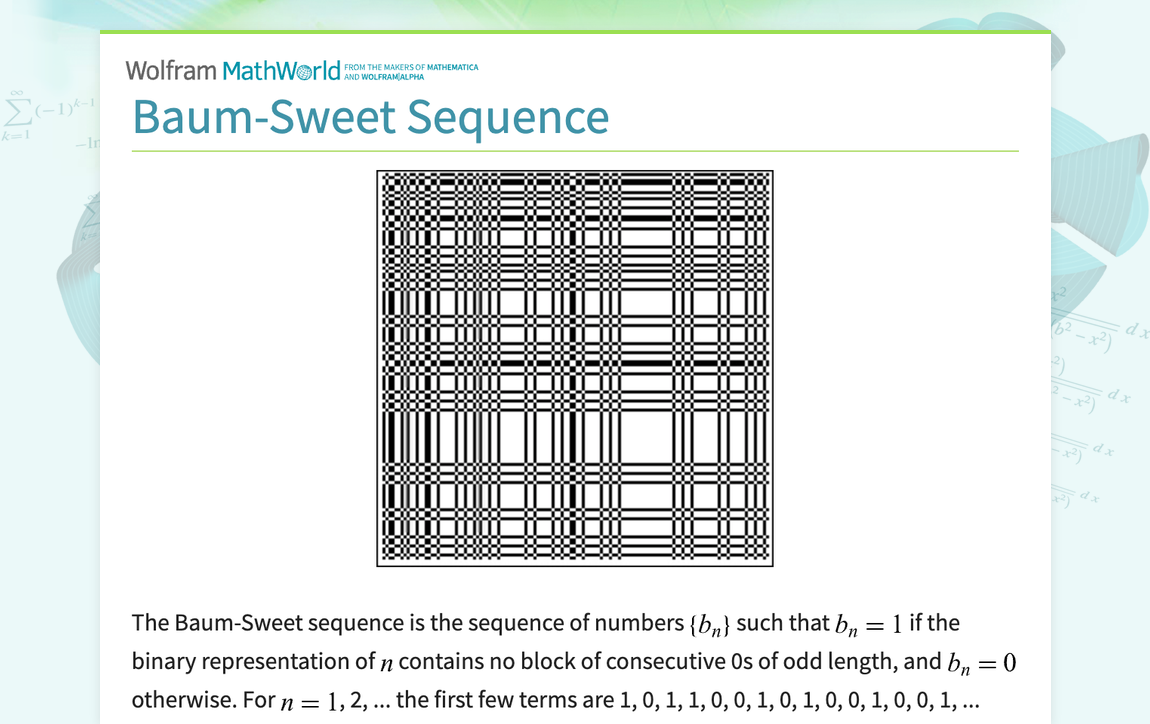 Baum-Sweet Sequence -- from Wolfram MathWorld Baum-Sweet Sequence -- from Wolfram MathWorld