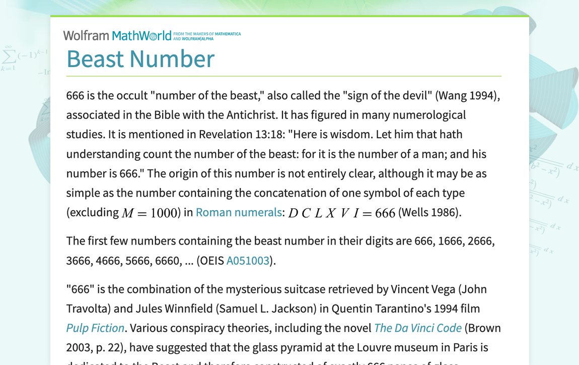 Beast Number -- from Wolfram MathWorld