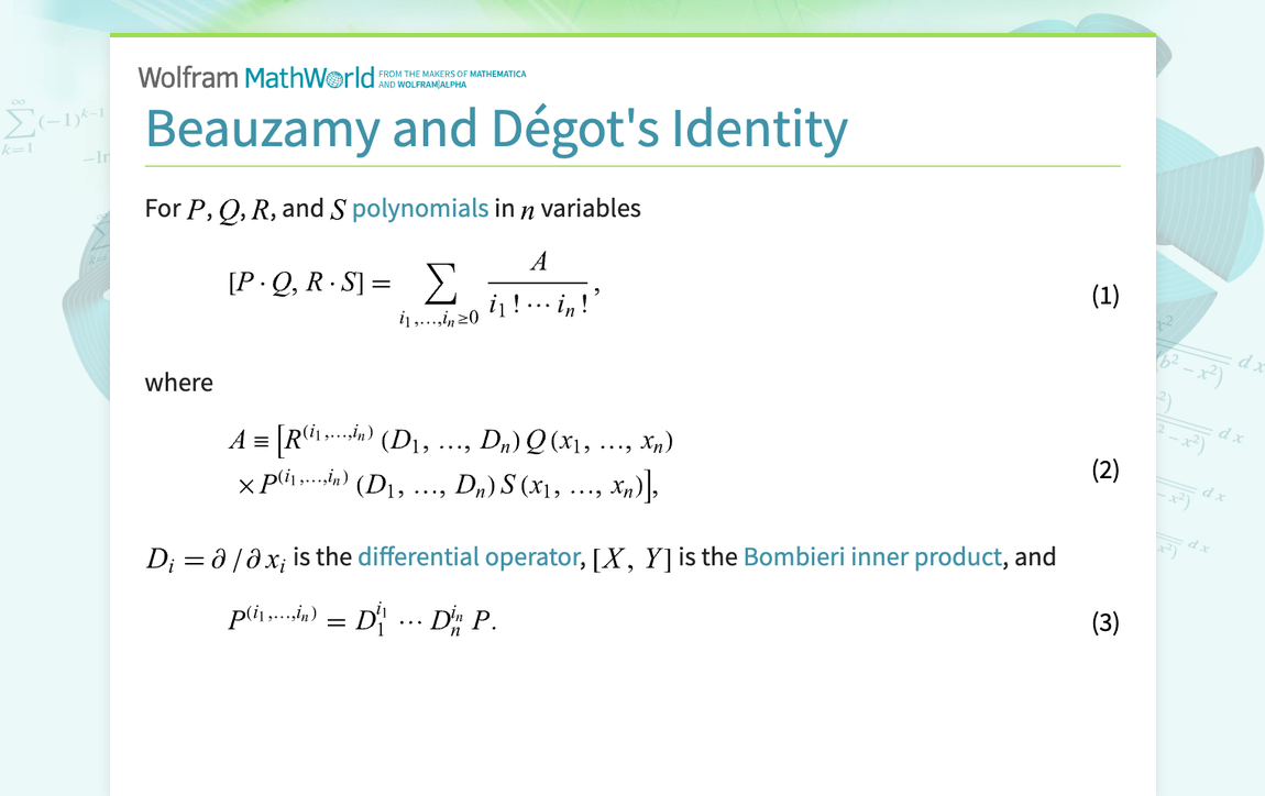 Beauzamy and Dégot's Identity -- from Wolfram MathWorld
