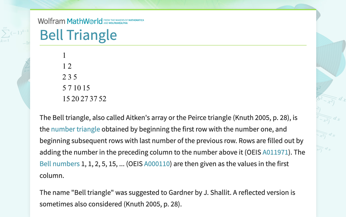 Bell Triangle -- from Wolfram MathWorld
