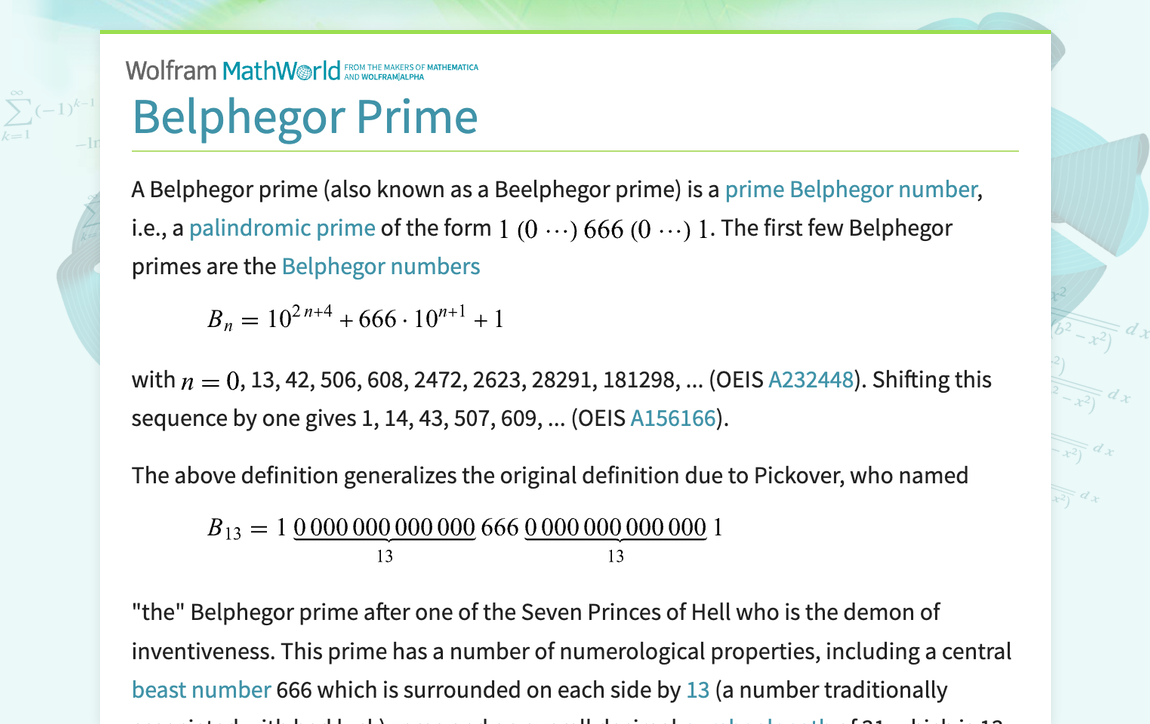 Belphegor Prime -- from Wolfram MathWorld