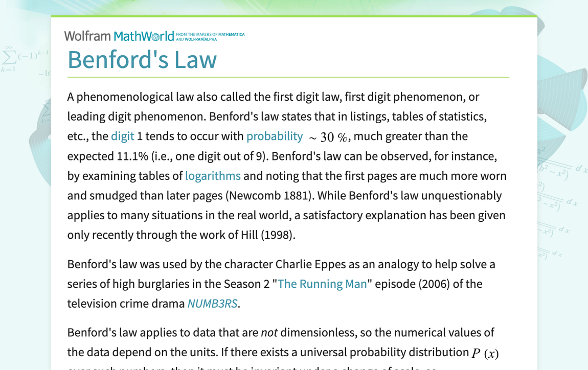 Benford's Law -- from Wolfram MathWorld