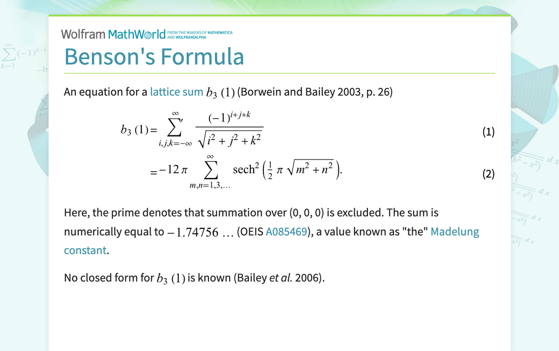 Benson's Formula -- from Wolfram MathWorld