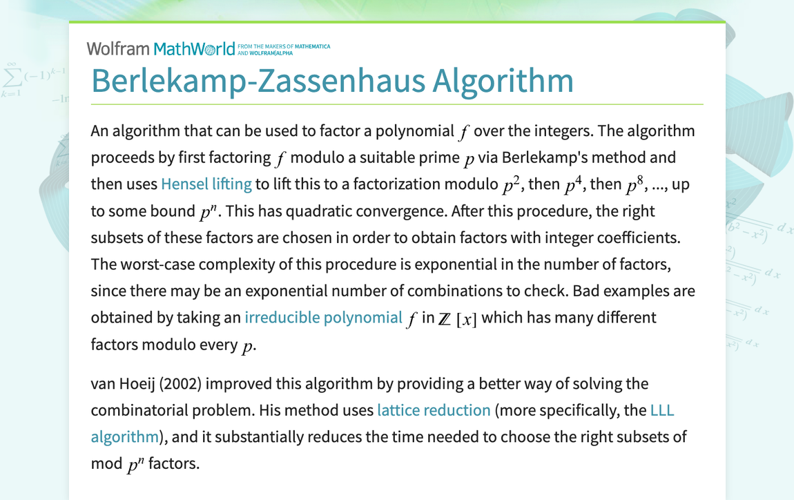 Berlekamp-Zassenhaus Algorithm -- from Wolfram MathWorld