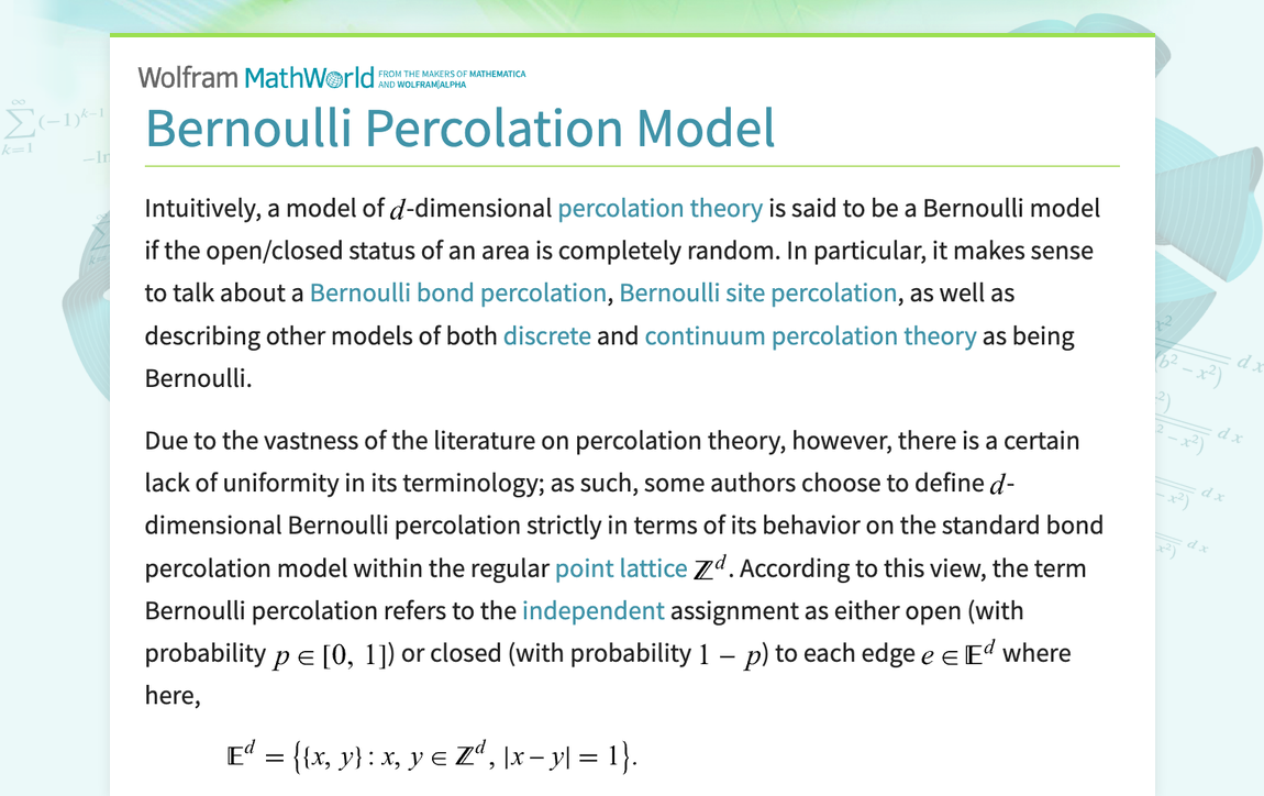 Bernoulli Percolation Model -- from Wolfram MathWorld