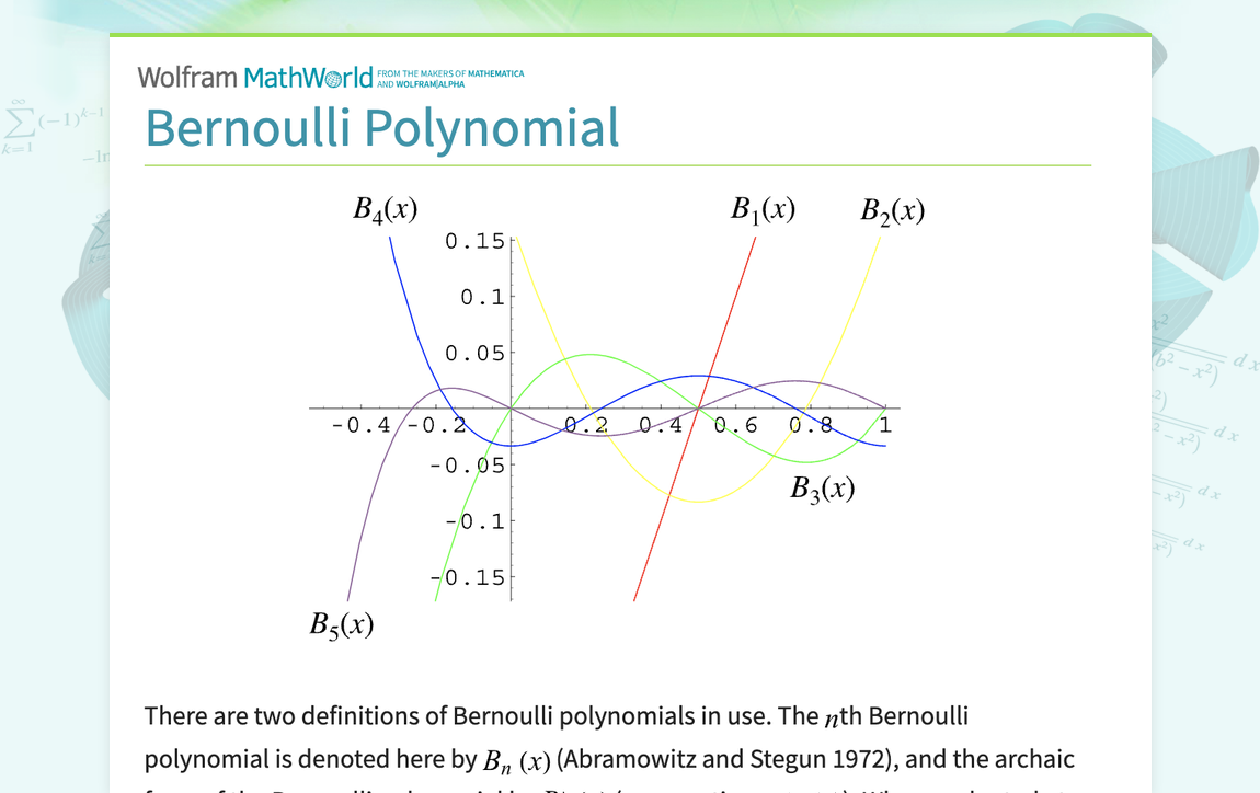 Bernoulli Polynomial -- from Wolfram MathWorld