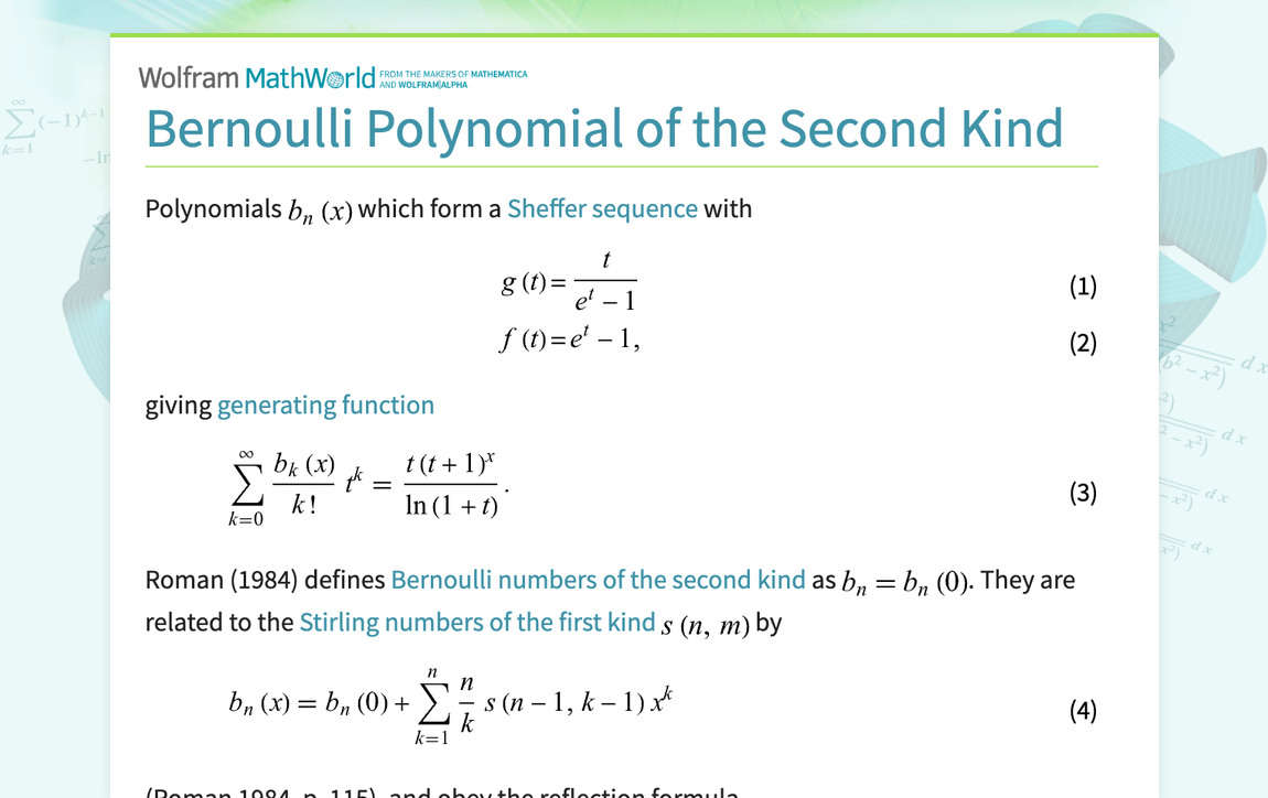 Bernoulli Polynomial of the Second Kind -- from Wolfram MathWorld