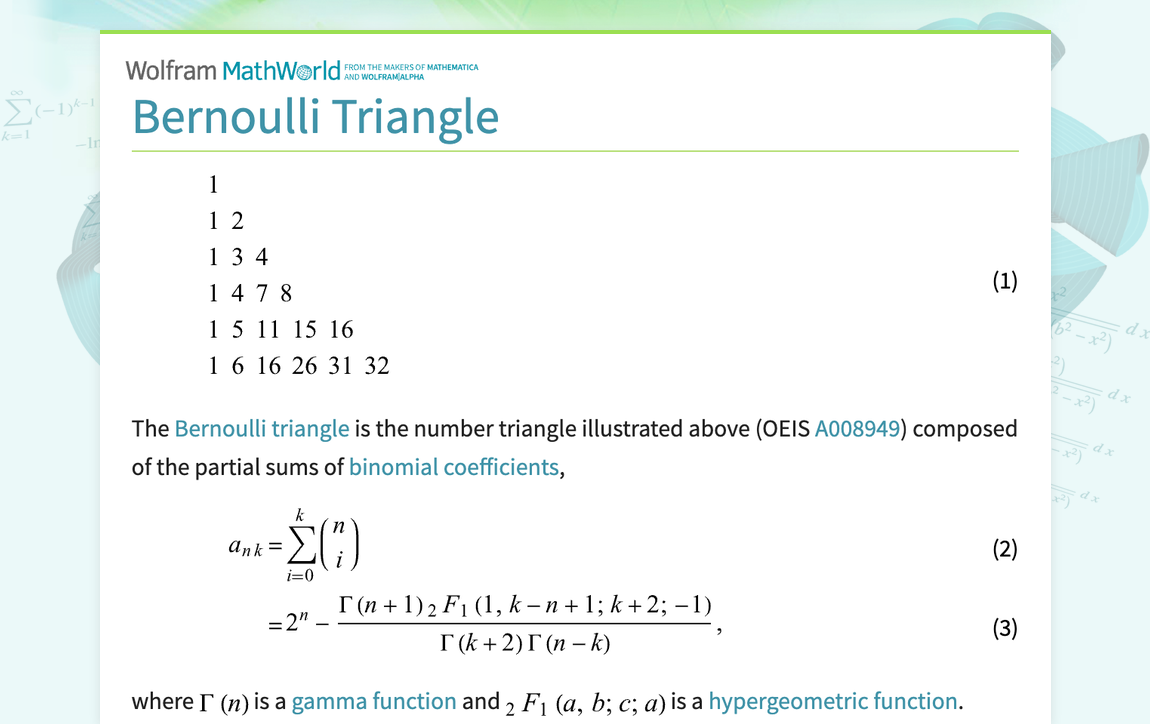 Bernoulli Triangle -- from Wolfram MathWorld