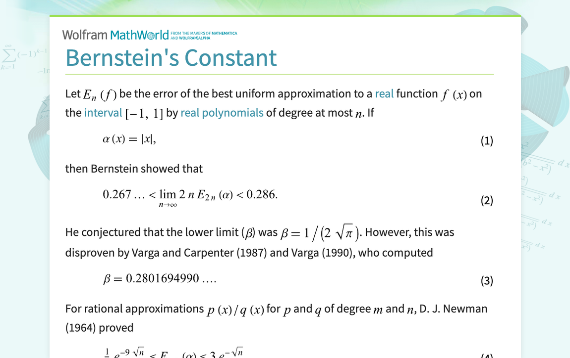 Bernstein's Constant -- from Wolfram MathWorld