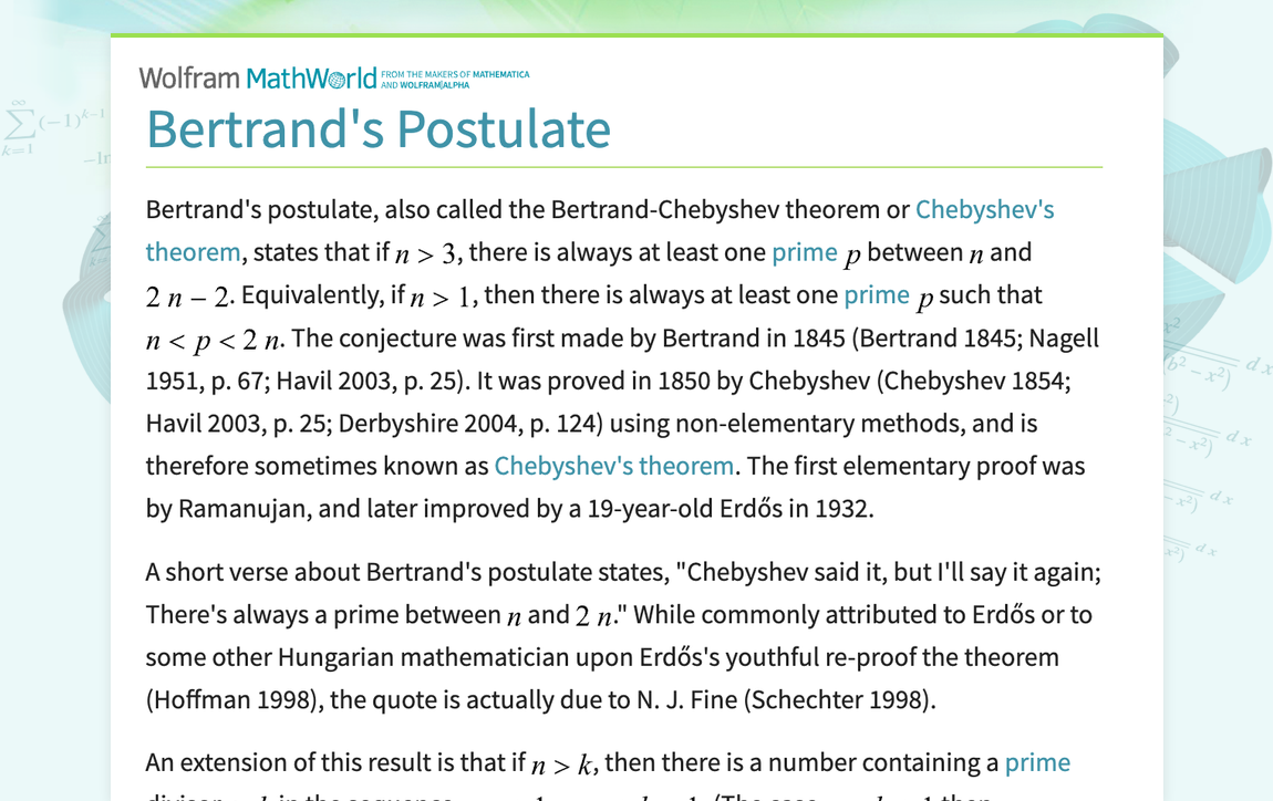 Bertrand's Postulate -- from Wolfram MathWorld