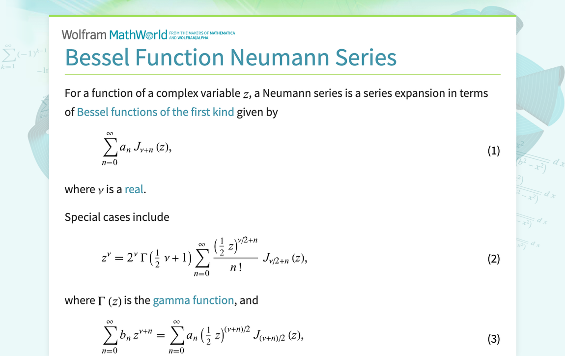Bessel Function Neumann Series From Wolfram Mathworld