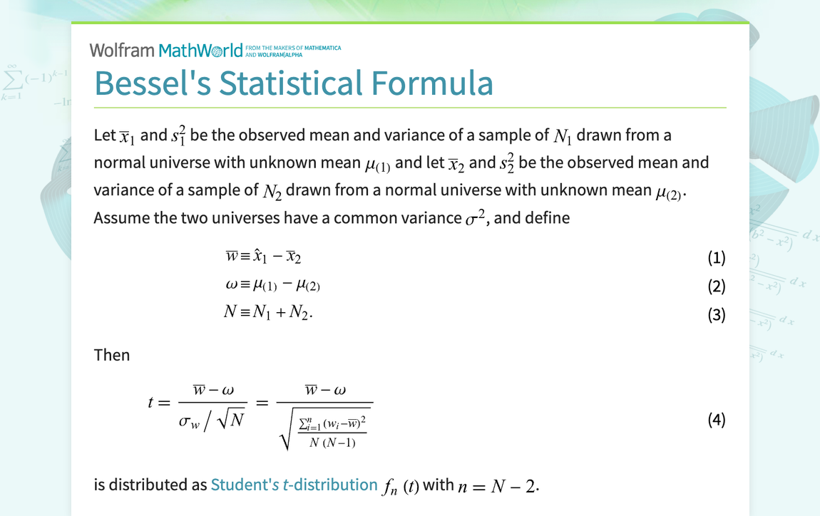 Bessel's Statistical Formula -- from Wolfram MathWorld