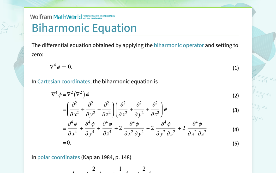 Biharmonic Equation -- from Wolfram MathWorld