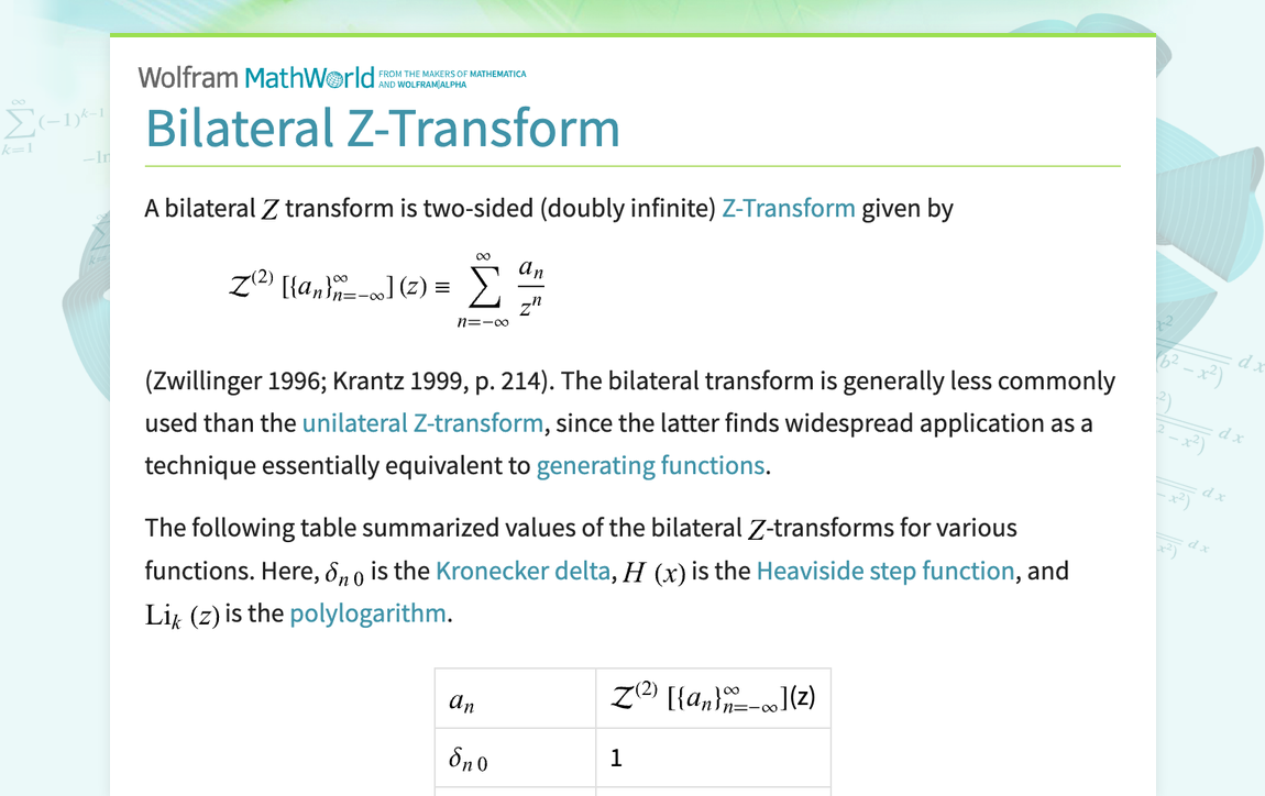 Bilateral Z-Transform -- from Wolfram MathWorld
