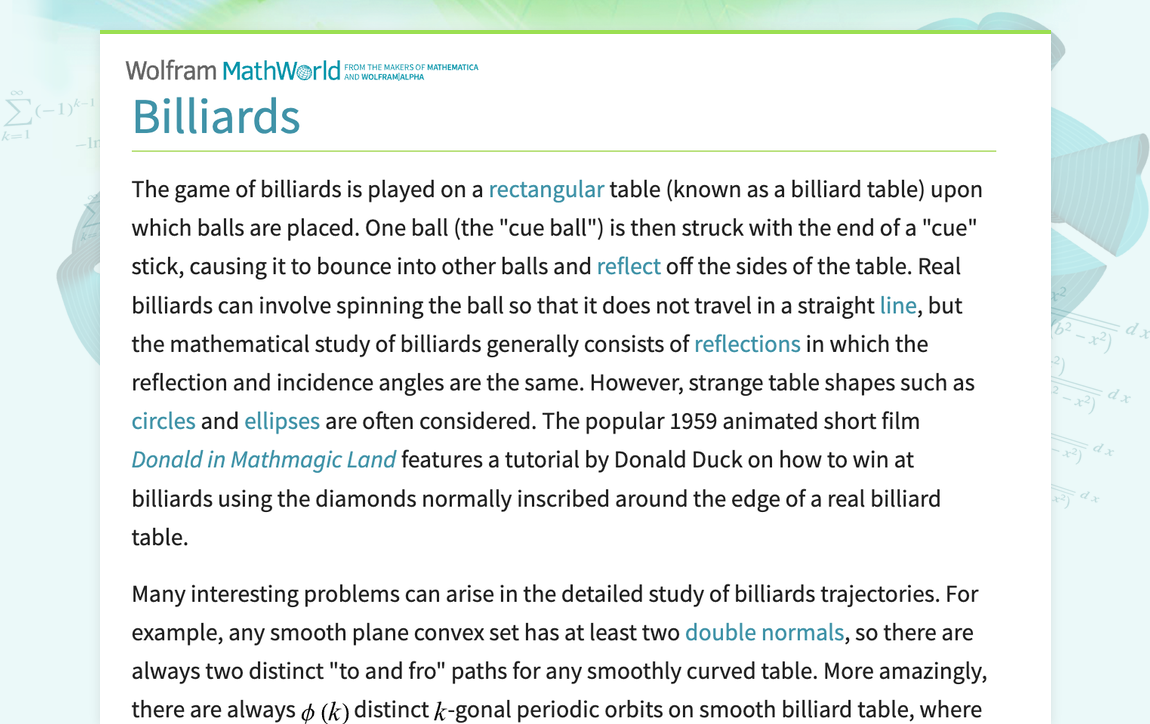 Billiards -- from Wolfram MathWorld
