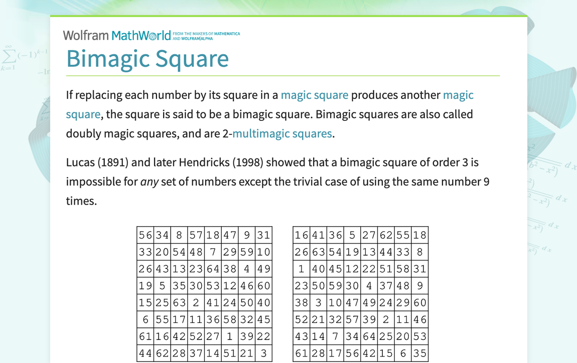 Bimagic Square -- from Wolfram MathWorld