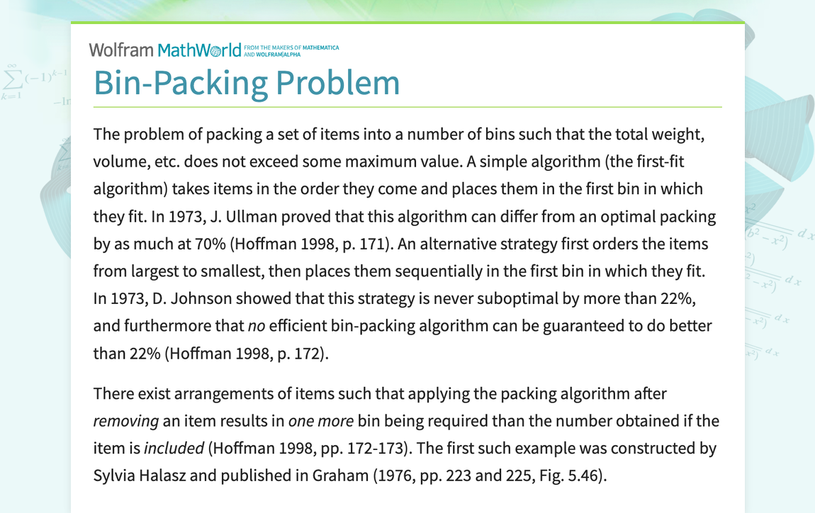 Bin-Packing Problem -- from Wolfram MathWorld