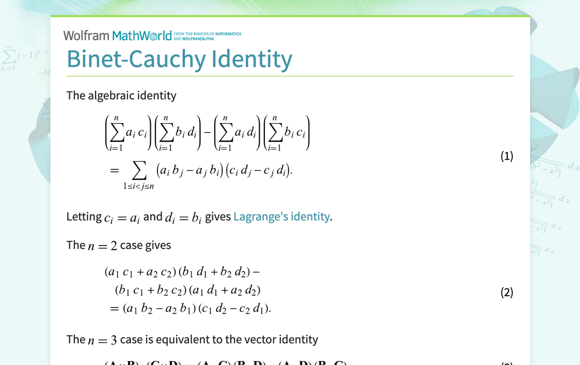 Binet-Cauchy Identity -- from Wolfram MathWorld