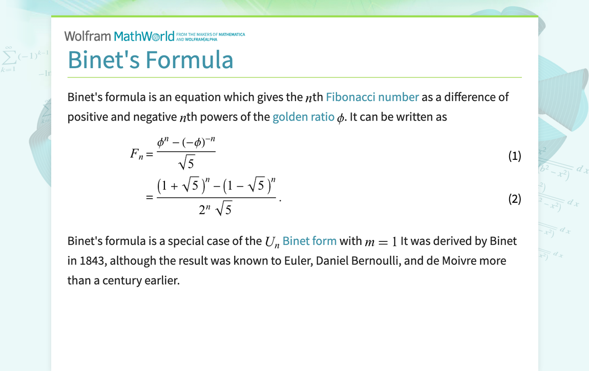 Binets Formula From Wolfram Mathworld 