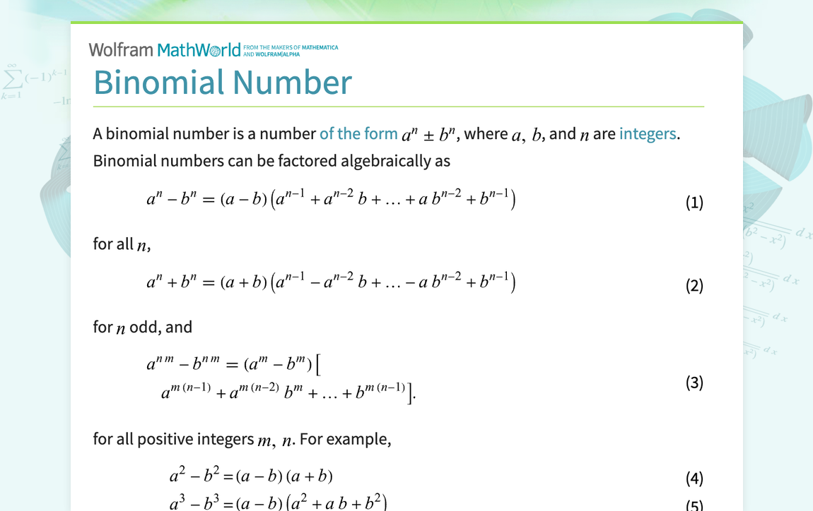 Binomial Number -- from Wolfram MathWorld Binomial Number -- from Wolfram MathWorld