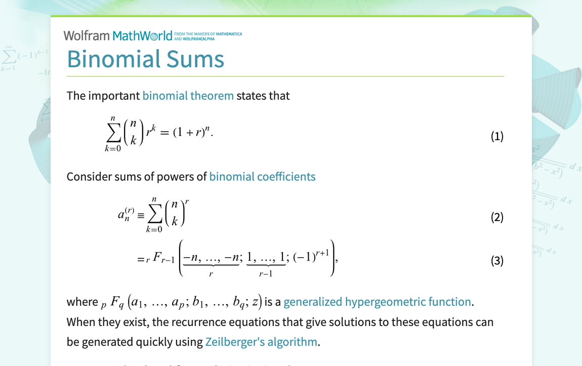 Binomial Sums From Wolfram Mathworld