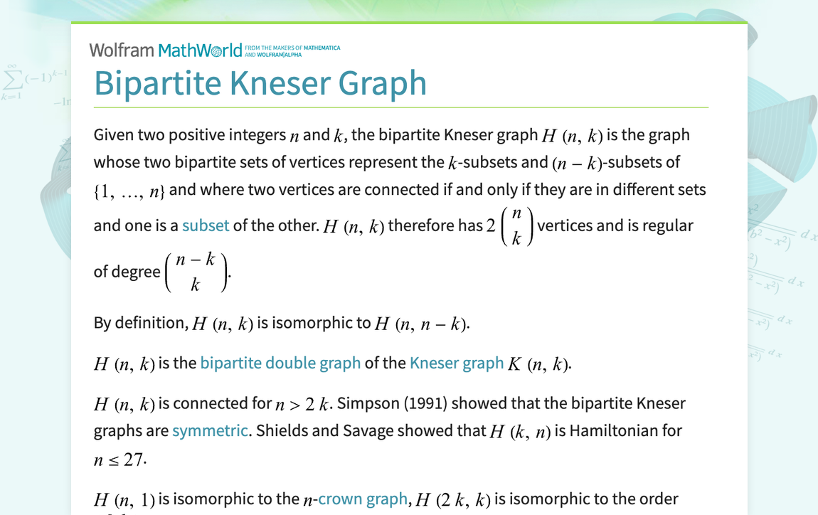 Bipartite Kneser Graph -- from Wolfram MathWorld