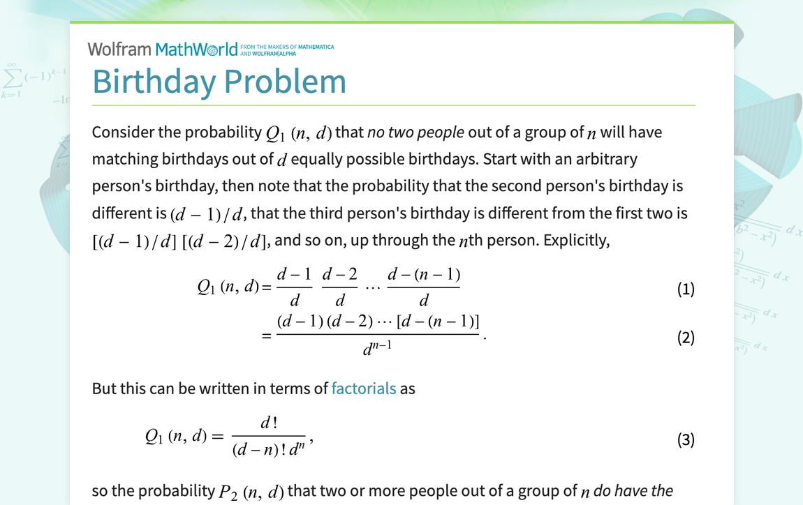 Birthday Problem -- from Wolfram MathWorld