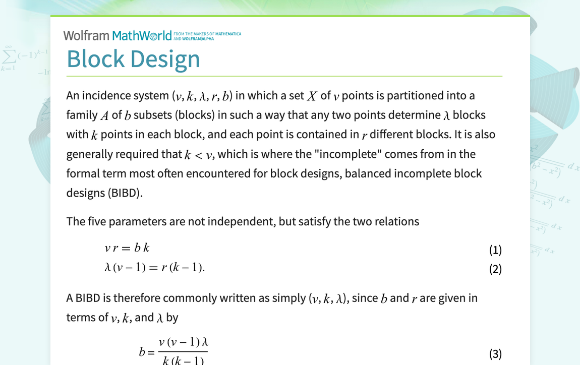 Block Design -- from Wolfram MathWorld