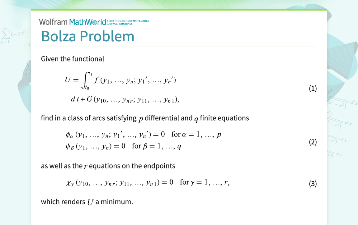 Bolza Problem -- from Wolfram MathWorld