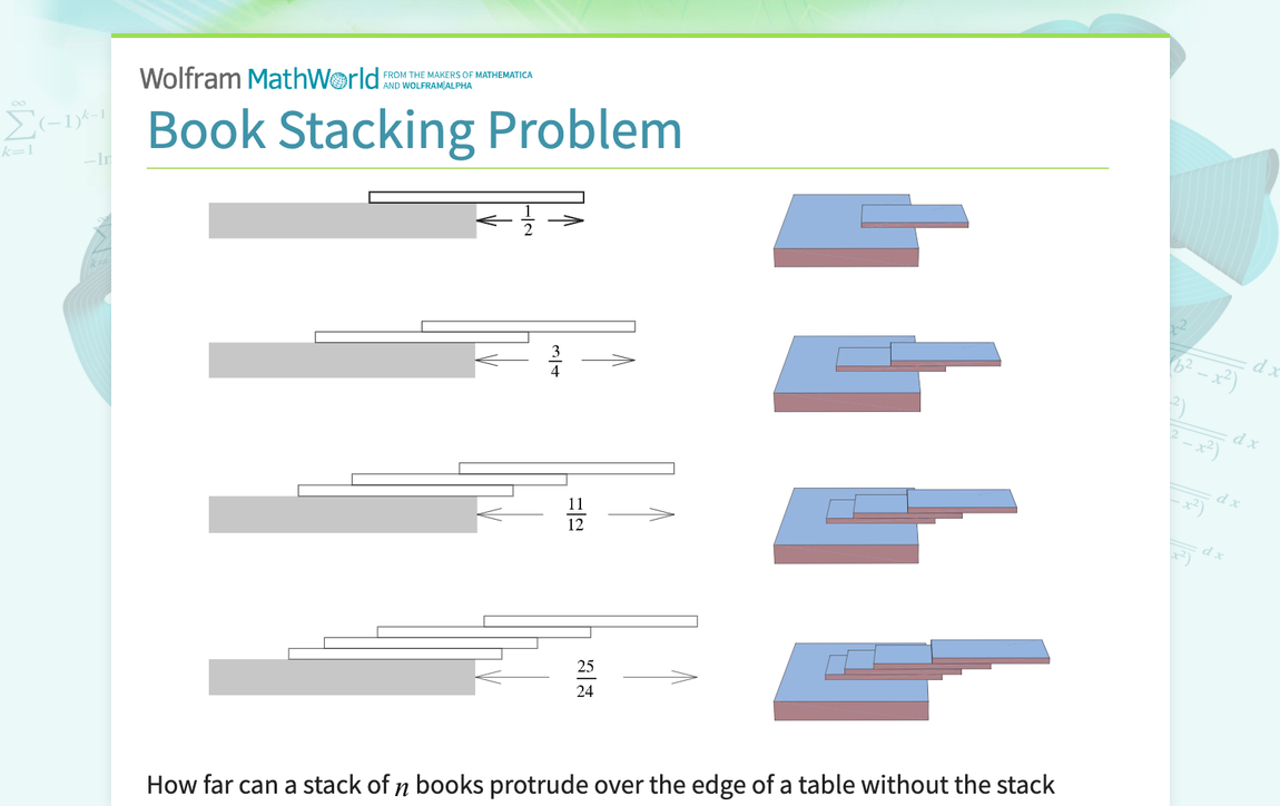 Book Stacking Problem -- from Wolfram MathWorld