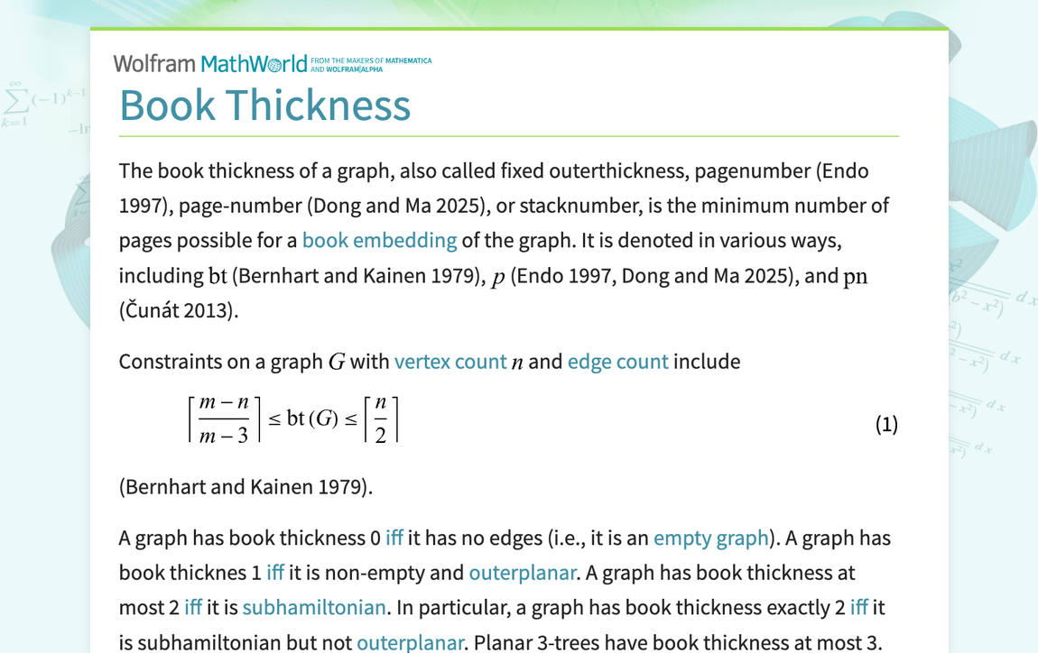 Book Thickness -- from Wolfram MathWorld