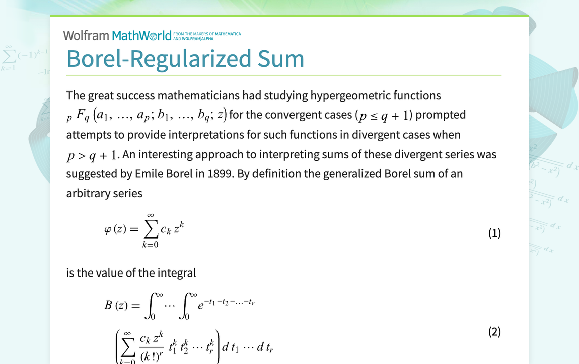 Borel Regularized Sum From Wolfram Mathworld