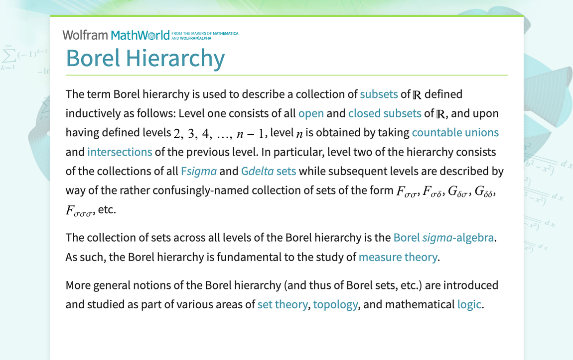Borel Hierarchy -- from Wolfram MathWorld