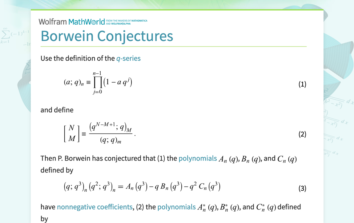 Borwein Conjectures -- from Wolfram MathWorld