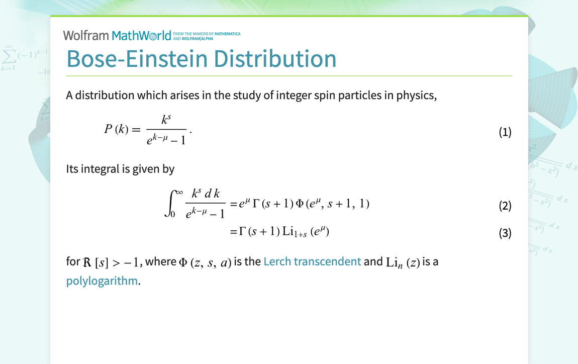 Bose Einstein Distribution From Wolfram Mathworld