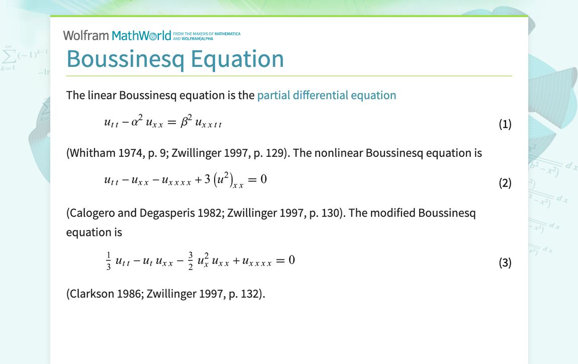 Boussinesq Equation -- from Wolfram MathWorld