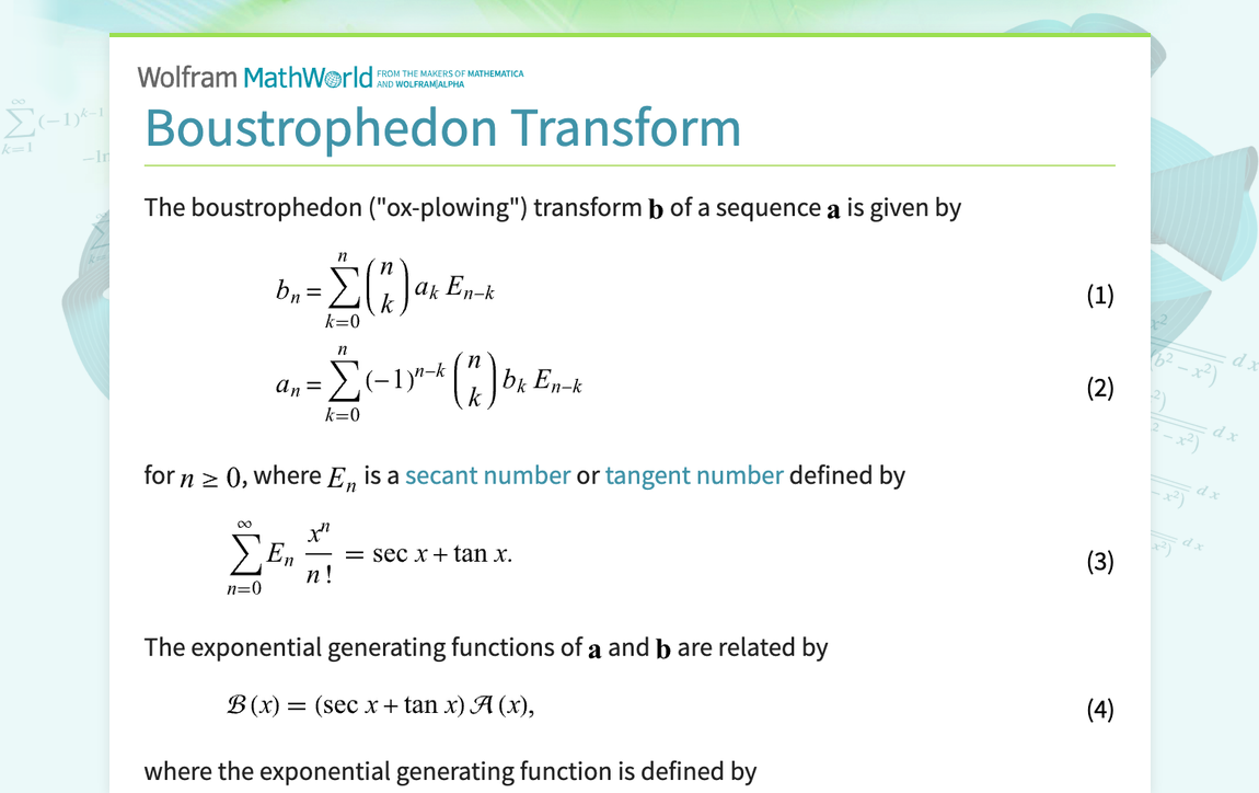 Boustrophedon Transform -- from Wolfram MathWorld